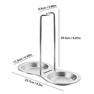 Vamotto Vertical Spoon Rest Holder with Two Resting Dishes, Stainless Steel Soup Ladles Holders, Standing Spoon Racks for Hotpot Restaurant, Buffet, Fast Food Restaurant, Kitchen Decor Tool (Silver)