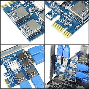 JMT PCI-E 1x to 16x Riser Card PCI-Express 1 to 4 Slot PCIe USB3.0 Splitter 1 to 4 Adapter GPU Riser Card for BTC Bitcoin Miner Mining (PCIE 1 to 4USB Card Blue)