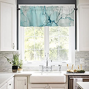 Kitchen Valances for Windows, Marble Texture Abstract Teal Blue and White Gold Glitter Splatter Kitchen Curtains, Short Curtains Rod Pocket Small Window Curtains 54"x18" Bathroom Curtains Window