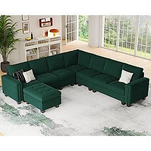 Belffin Convertible Velvet Modular Sectional Sofa Couch with Reversible Chaise L Shaped Sectional Couch with Storage Ottoman Living Room furniture Sofa Set Green