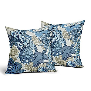 Sweetshow Outdoor Chinoiserie Pillow Covers 2 Packs 18x18 Inch Navy Blue Throw Pillows Linen Vintage Floral Decorative Cushion Cover for Patio Furniture Sofa Bedroom Indoor Outdoor Party