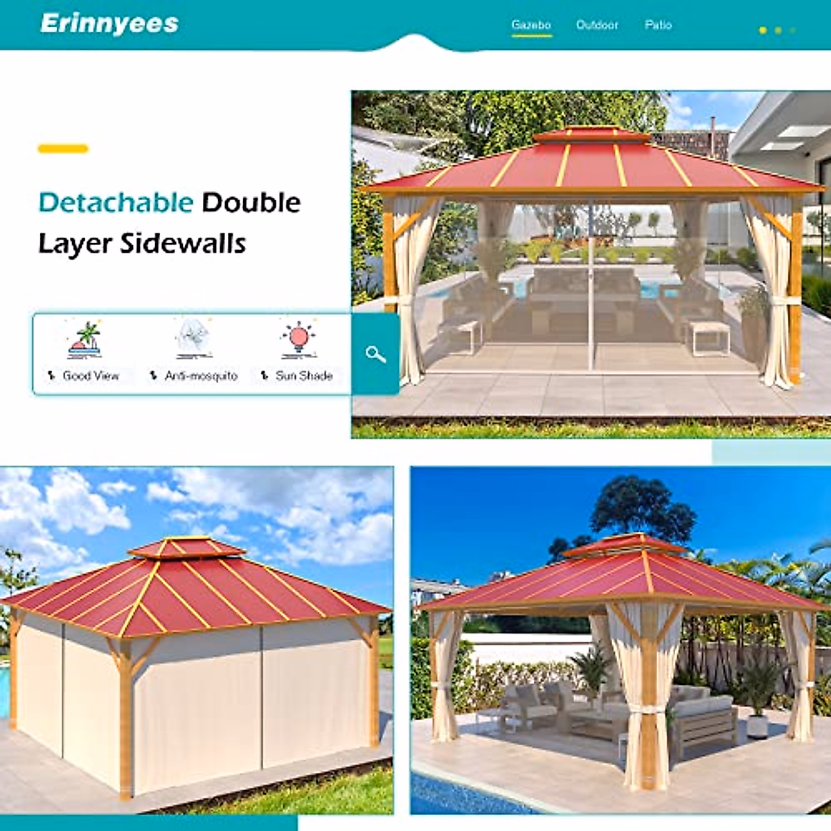 Erinnyees 12' x 14' Wood Grain Hardtop Gazebo, Outdoor Aluminum Composite Double Roof with Privacy Curtain and Mosquito Net for Patio, Lawn, Garden, Deck(Wood Looking, Wine Red)