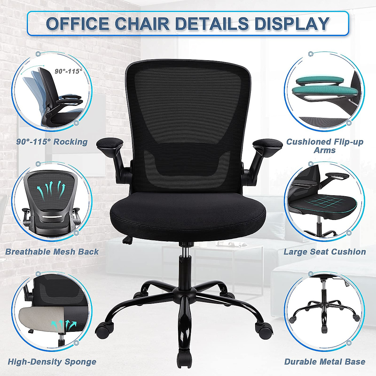 Ergousit Ergonomic Home Office Chair, Mesh Office Chair Flip Up Arms with Lumbar Support, Adjustable Comfortable Computer Desk Chair Ergonomic, 250Lbs Capacity (Black)