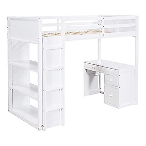 Harper & Bright Designs Twin Loft Bed with Desk and Bookshelf, Solid Wood Loft Bed Frame with Storage Drawers, 14.6" Height Full Length guardrail, for Kids Teens Adults (Twin Size, White)