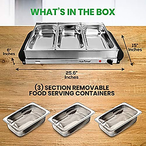 NutriChef 3 Buffet Warmer Server Professional Hot Plate Food Warmer Station , Easy Clean Stainless Steel , Portable & Great for Parties Holiday & Events Max Temp 175F