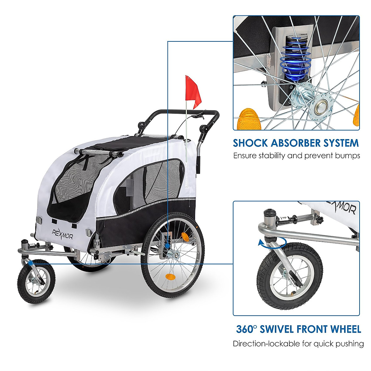 PEXMOR 2-in-1 Dog Bike Trailer,Pet Stroller Dog Trailer for Bicycle w/Universal Hitch,Folding Pet Cart Bike Wagon Cargo Carrier for Dog Shock Absorber & 360 Swivel Quick Release Wheel (White)