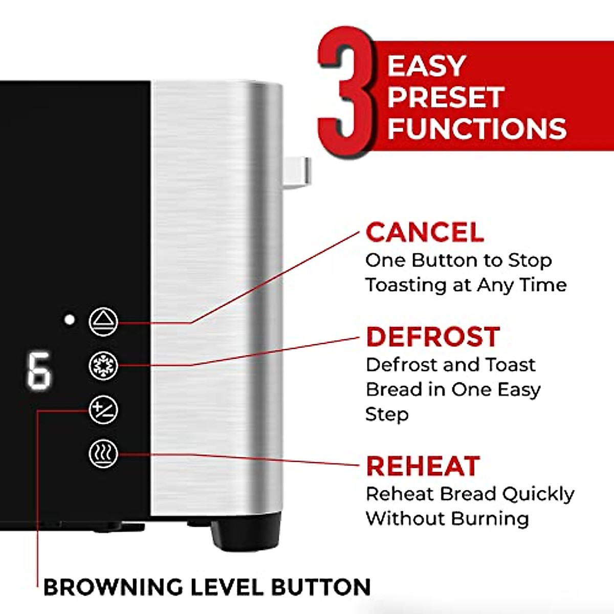 Mueller UltraToast Full Stainless Steel Toaster 2 Slice, Long Extra-Wide Slots with Removable Tray, Cancel/Defrost/Reheat Functions, 6 Browning Levels with LED Display