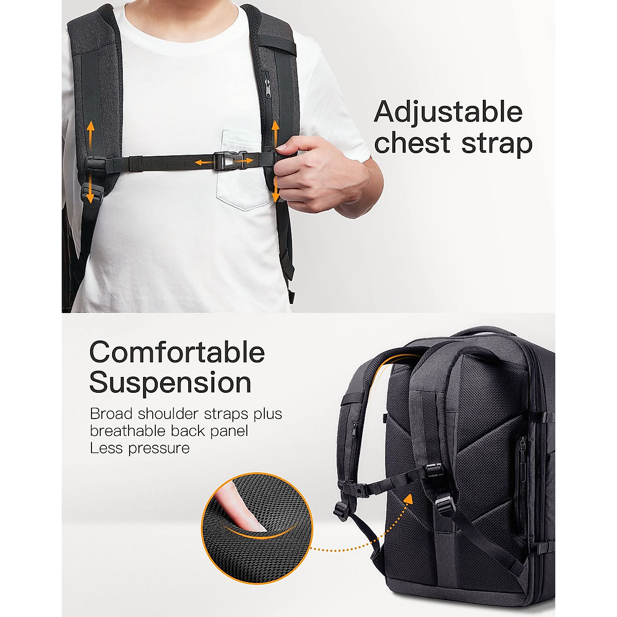 Inateck 38.5-46.2L Travel Backpack, Expandable Carry On Backpack, Splash-resistant Hand Luggage for Men and Women, Trolley Strap Included, Compatible with 12.9 Inch iPad and 17.3 Inch Laptop