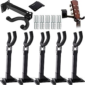 TOOLSSIDE 5 Pcs Guitar Hanger Wall Mount Hook Stand 180 - Guitar Hooks for Wall Adjustable with Slat Adapter - Guitar Wall Mount for Electric Acoustic and Bass Guitars