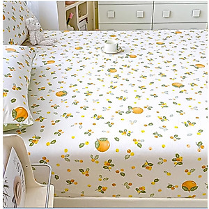 100% Cotton Fitted Sheet with Elastic Band +2pc Pillowcases Orange Fruit Print Double Queen Cal-King Size Mattress Cover for Girls Boys B99A (Queen (U.S. Standard))