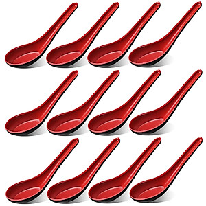 Vesici 12 Pcs Asian Soup Spoons Chinese Japanese Soup Spoon Melamine Rice, Wonton, Soba, Pho, Ramen, Noodle Soup Spoons Asian Red and Black for Kitchen and Home