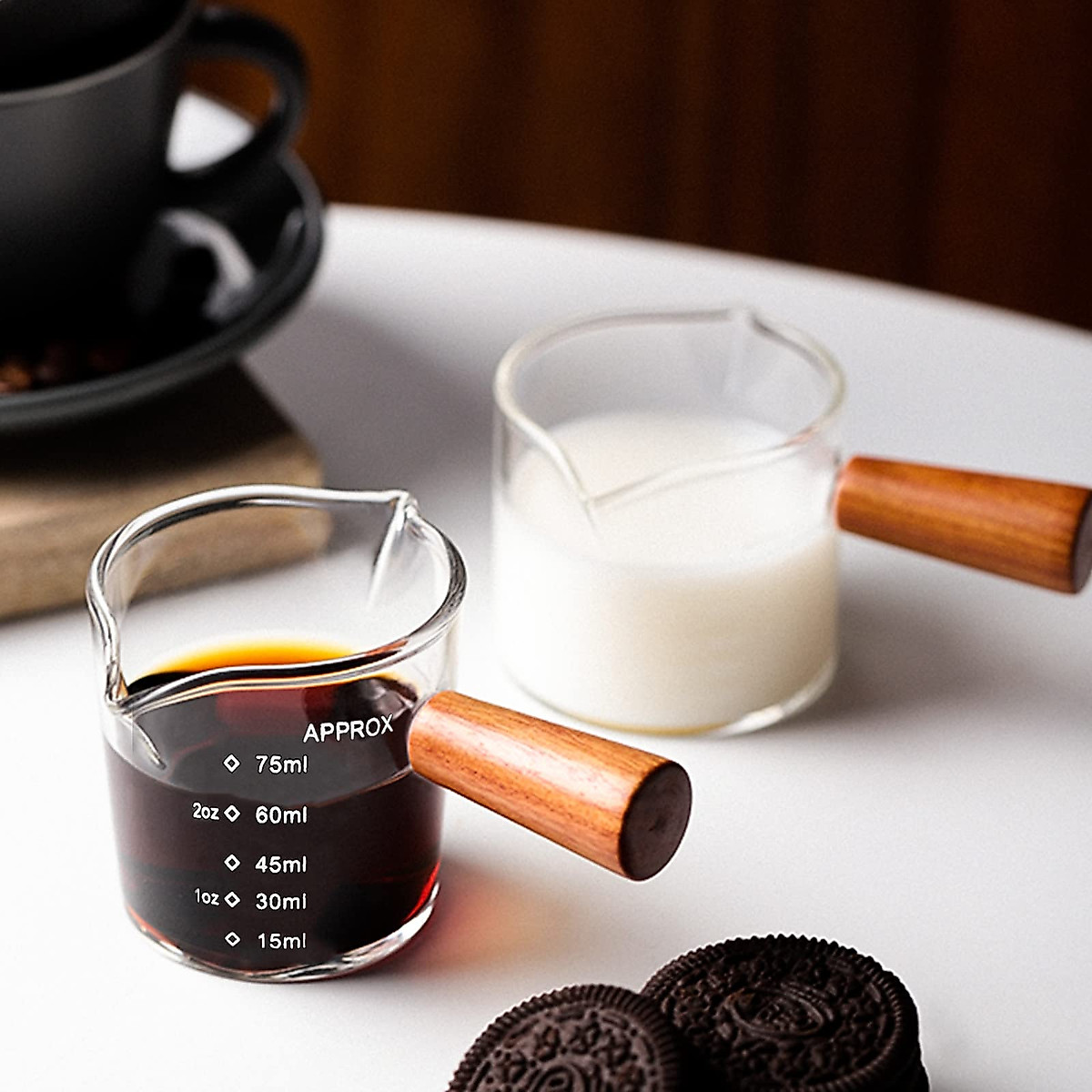 2 Pack Double Spout Espresso Coffee Shot Glass with Wood Handle Measuring Triple Pitcher Milk Cup 75 ml Coffee Replacement Carafe for Barista Coffee Carafe Milk Espresso Making