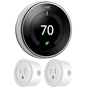 Google Nest T3019US Learning Thermostat 3rd Gen Smart Thermostat, Polished Steel Bundle with 2-Pack Deco Gear WiFi Smart Plug