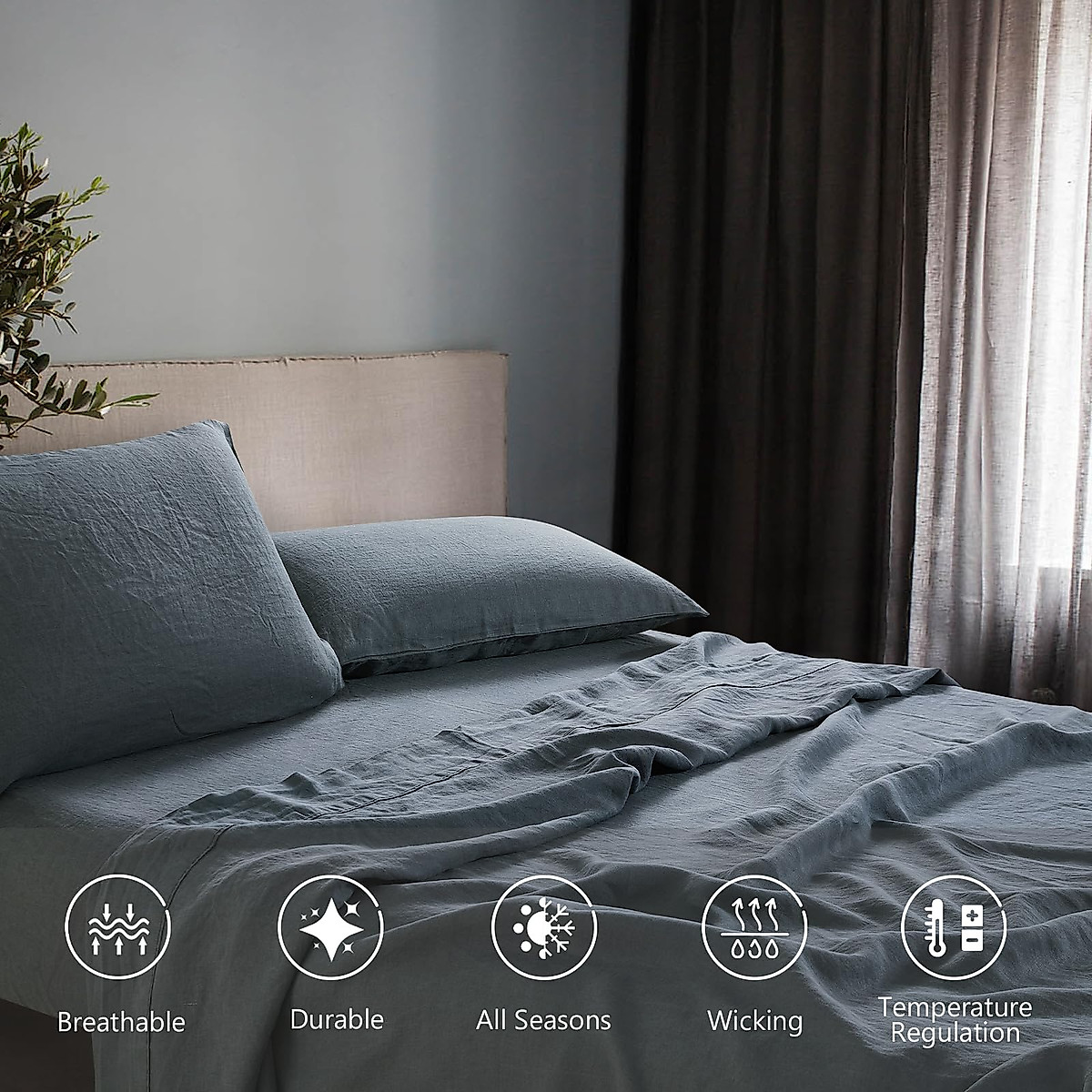 pinéllia Linen Sheets Full Size,Premium 100% Stone Washed French Linen Bed Sheets,Luxury Ultra Soft Durable 4-Piece Linen Bedding Sheet Set,Dark Grey