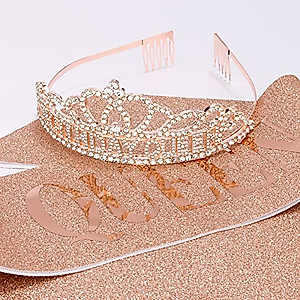 CAVETEE Rose Gold Birthday Crowns for Women Birthday Queen Sash and Tiara for Women Rose Gold Birthday Party Decorations for Women Birthday Sash and Crown for Women