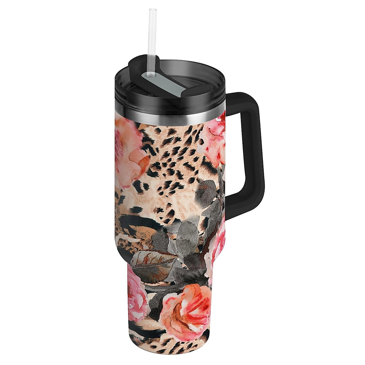 Yasala Car Tumbler with Handle Vintage Leopard Floral Art Travel Mug Coffee Cup Insulated Beverage Container Mega Cup for Hot Cold Drinking Thermos Water Bottle Cupholder Friendly 40 oz