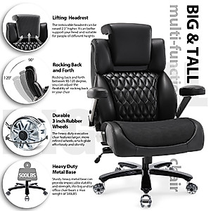 Big and Tall Office Chair 400lb- Adjustable Lumbar Support, Heavy Duty Metal Base, High Back Large Executive Office Chair, Computer Desk Chair Ergonomic Design for Back Pain, Black