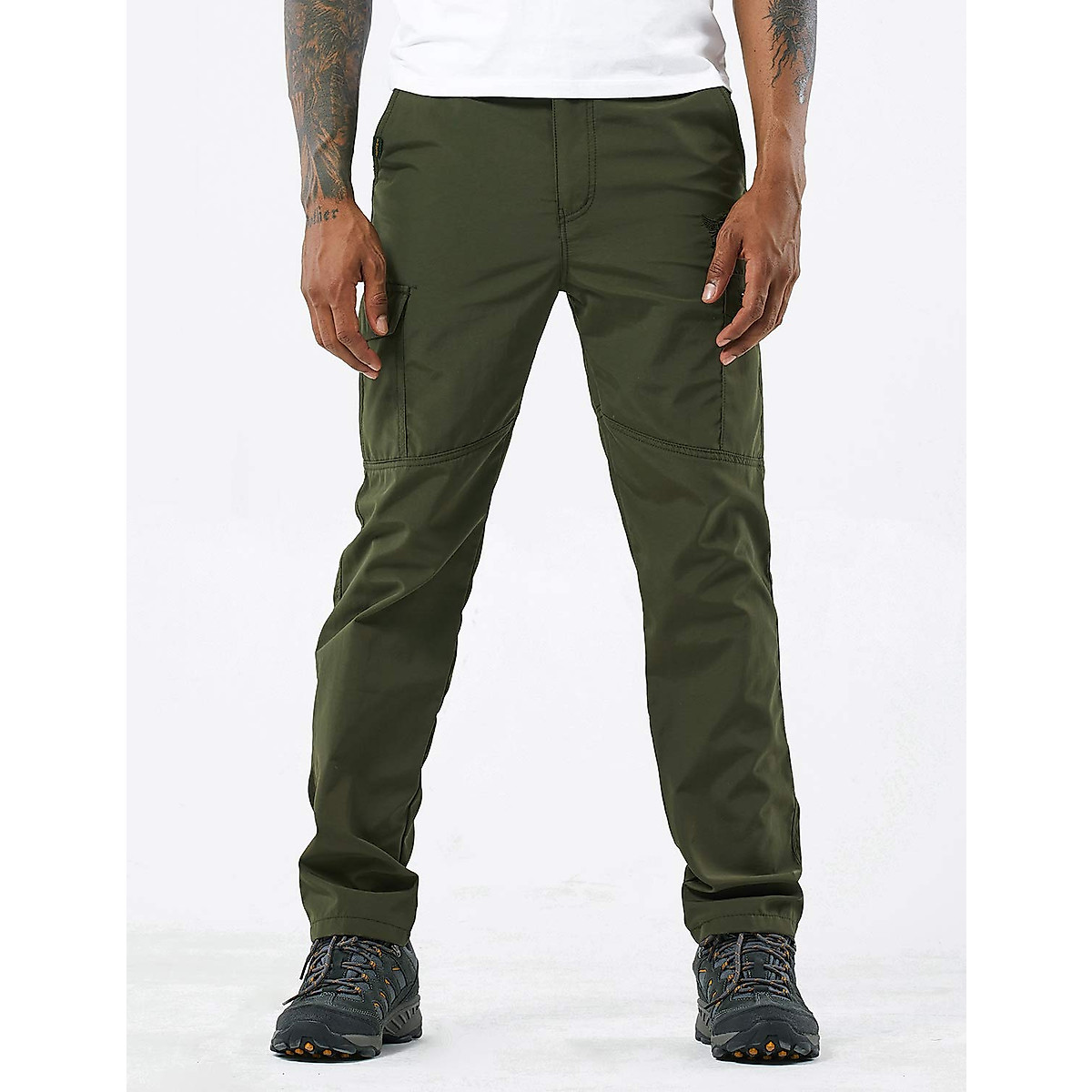 Men's Outdoor Hiking Pants Lightweight and Thick Fleece Cargo Climbing Camping Ski Trousers (105 Thin Green, L)