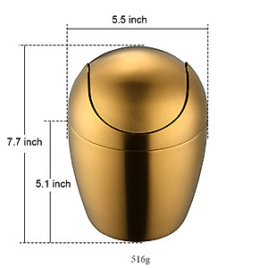 Mini Desktop Trash Can With Swing Lid, Gold Metal Garbage Can, Premium Stainless Steel 18/10 Reusable Waste Bin For Kitchen Bathroom Office Dressing Table Counter Top, Egg Shaped(Gold, 0.4 Gallon)