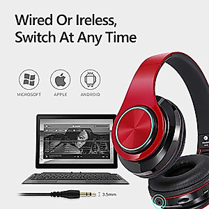 LFGKeng Wireless Bluetooth Headphones with Colorful LED Lights, Built-in Mic, Bluetooth 5.0, Foldable HiFi Stereo Deep Bass Headphones for Classroom/Home Office/PC/Mobile Phone/Kids Adult(Red Black)