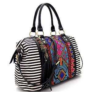 Boho Tassel Leaf Charm Aztec & Stripe Embroidered Canvas Satchel Tote Handbag Purse (Embroidered Satchel - Black/Black)