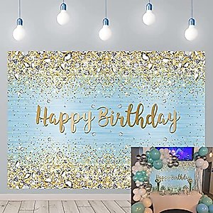 WDA Blue Happy Birthday Backdrop Golden Diamond Shiny Bokeh Photography Background Sweet Girl Party Photo Decoration Banner Dessert Cake Table Supplies (7x5FT)