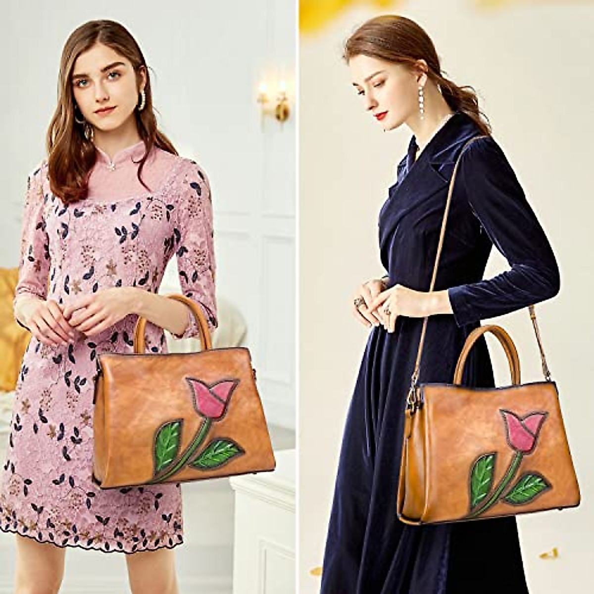 CHERISH KISS Soft Genuine Leather Satchel Bags for Women Purses and Handbags Vintage Embossed Floral Shoulder Bag(K7 Brown)