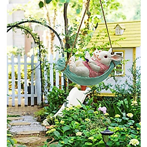 Usupgift Pink Swing Rabbit Garden Statues Cute Rabbit Figures Tree Hanging Sculpture (8.9"X4.3"X 3.9") for Outdoor Décor Garden Patio Yard Lawn