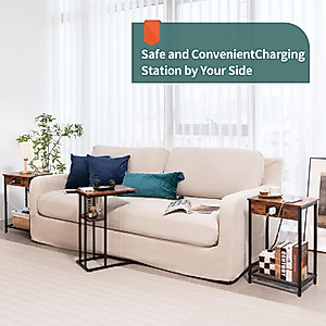 Yoobure Side Table with Charging Station, End Tables Living Room, Industrial 2 Tier Nightstand with USB Ports, Rustic Narrow Small Table with Storage Shelf for Bedroom, Office, Small Spaces