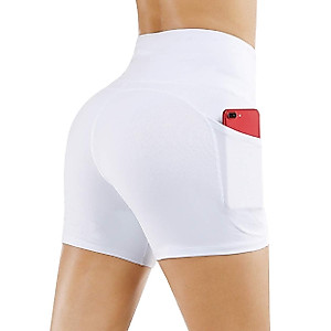 THE GYM PEOPLE High Waist Yoga Shorts for Women Tummy Control Fitness Athletic Workout Running Shorts with Deep Pockets (Large, White)