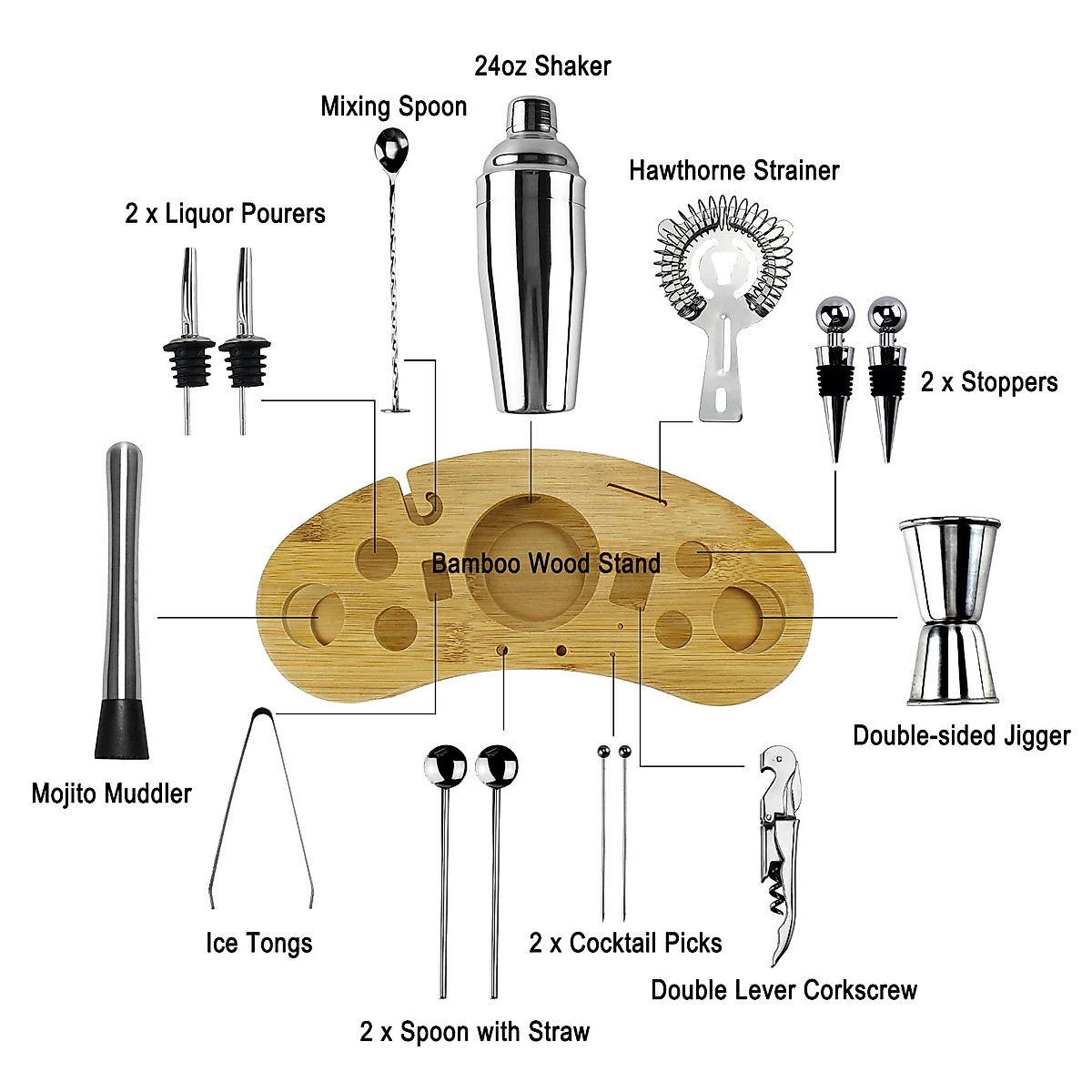 SUNPIN Cocktail Shaker Bartender Kit with Bamboo Stand, muddler for cocktails bar kit,24 oz Stainless Steel martini shaker, drink mixer,16-Piece bar set cocktail shaker set