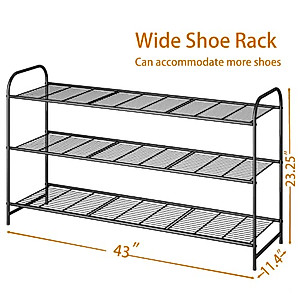 Ekisemio Extra Long 3-Tier Shoe Rack Organizer, Stackable Double Shoe Shelf Storage for 42 Pairs, Heavy Duty Metal Wire, Black