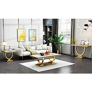 SSLine Modern White Faux Marble End Table Luxury Square Sofa Side Table with Gold Pedestal Base Mid-Century Elegant Bedside Table w/Mirrored Stainless Steel Frame Legs for Living Room Bedroom