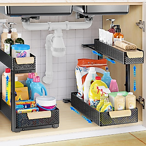 Under Sink Organizers and Storage,2 PACK 5 Height Adjustable Kitchen Cabinet Organizer,2 Tiers Pull Out Drawer Shelves Metal Slide Tray Organizer for Kitchen Bathroom