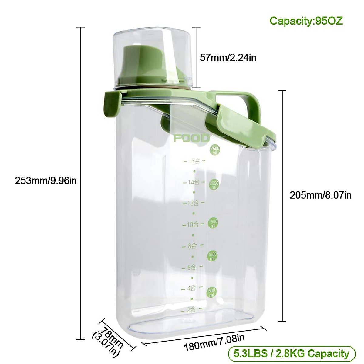 Saim Cereal Storage Containers, 2.8L Rice Dispenser with Measuring Cup, Dry Food Container Airtight Rice Holder for Flour, Sugar, Grain, Rice & Baking Supply(Green)