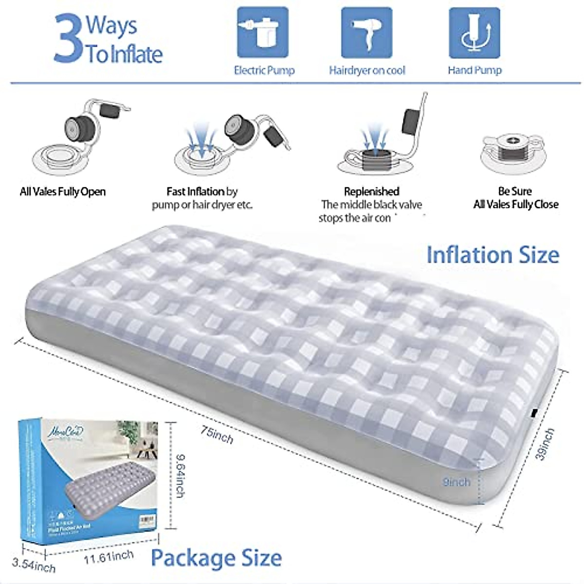 Giftway Twin Size Inflatable Air Mattress for Camping - Upgraded Height 9" Inflatable Mattress Foldable Air Bed with Waterproof Flocked Top - Portable Blow up Air Bed for Home/Travel/Housewarming Gift