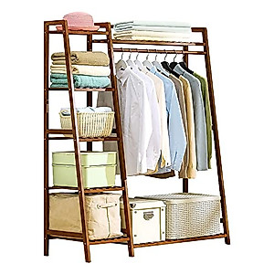 ZZBIQS Bamboo Clothing Rack with Shelves Ladder Clothes Hanger Rack Heavy Duty Freestanding Coat Closet Garment Rack for Hanging Clothes /Folding Clothes/Shoes, 43.3" L x 15.7" W x55.1 H