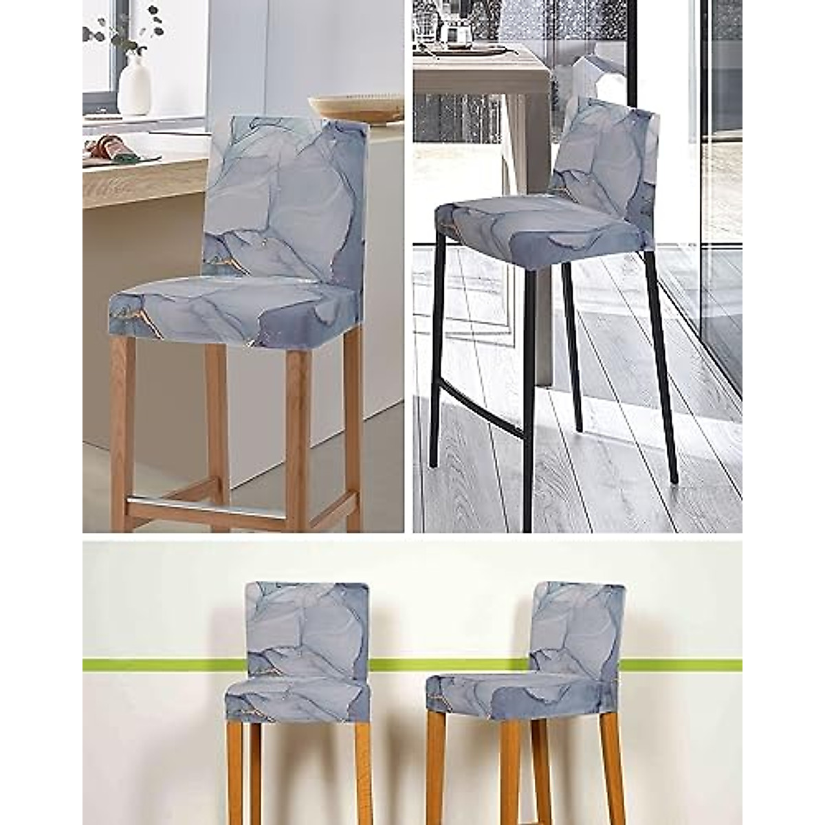 IDOWMAT Bar Stool Cover with Back - Stretch Washable Chair Covers Gold Gray Marble Abstract Ink Art Painting Chairs Slipcover for Kitchen Pub Dining Room Cafe, 4 Pack