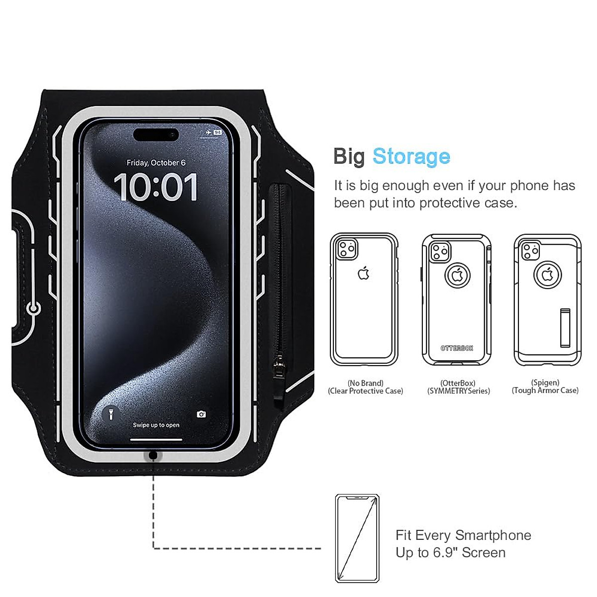 iPhone 15 Pro Max, 14 Pro Max Armband, JEMACHE Gym Workouts Running Phone Arm Band for iPhone 15/14 Plus, 15/14/13/12/11 Pro Max with Airpods Holder (Black)