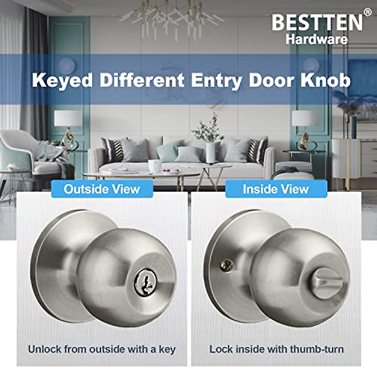 BESTTEN [2 Pack] Entry Door Knob with Lock, Keyed Different Door Lock for Exterior Door and Front Door, Standard Ball, Satin Nickel, Adjustable Latch