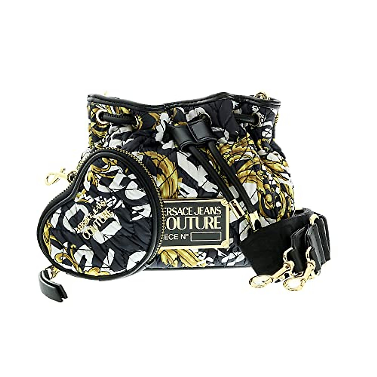 Versace Jeans Couture Black/Gold Heart Charm Purse Small Braid Bucket Crossbody Bag for womens