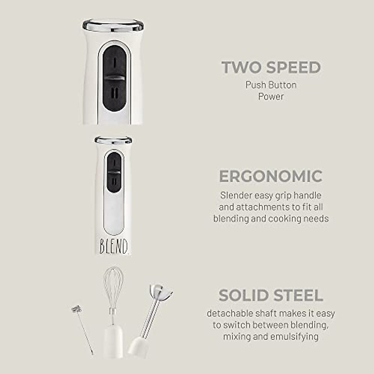 Rae Dunn Immersion Hand Blender- Handheld Immersion Blender with Egg Whisk and Milk Frother Attachments, 2 Speed Blender, 500 Watts, Stainless Steel Blade (Cream)