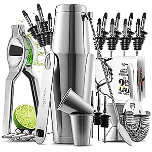 JoyTable Bar Set Cocktail Shaker Set, Stainless Steel Mixology Bartender Kit, 28PC Cocktail Kit, Silver Cocktail Set, Bar Tools: 30oz Martini Shaker, Muddler, Bar Kit Cocktail Book, Jigger and Pourers