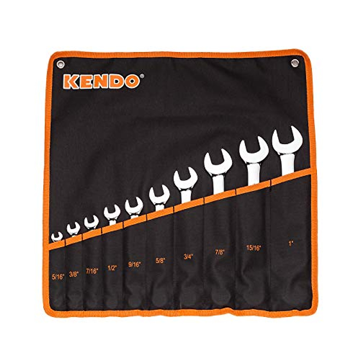Kendo 10-Pieces Combination Wrench Set – SAE 5/16" up to 1", Chrome Vanadium Steel 12 Point Box and Open Ends Spanner Set for Mechanics – Roll-up Storage Pouch Included