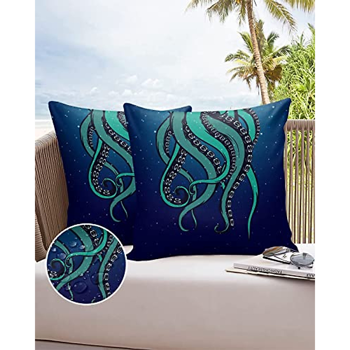 Outdoor Waterproof Throw Pillow Covers 2 Pack Square Pillowcases Underwater Octopus Tentacles Pillow Protectors Decorative Cushion Cases for Patio,Garden,16x16 Inch