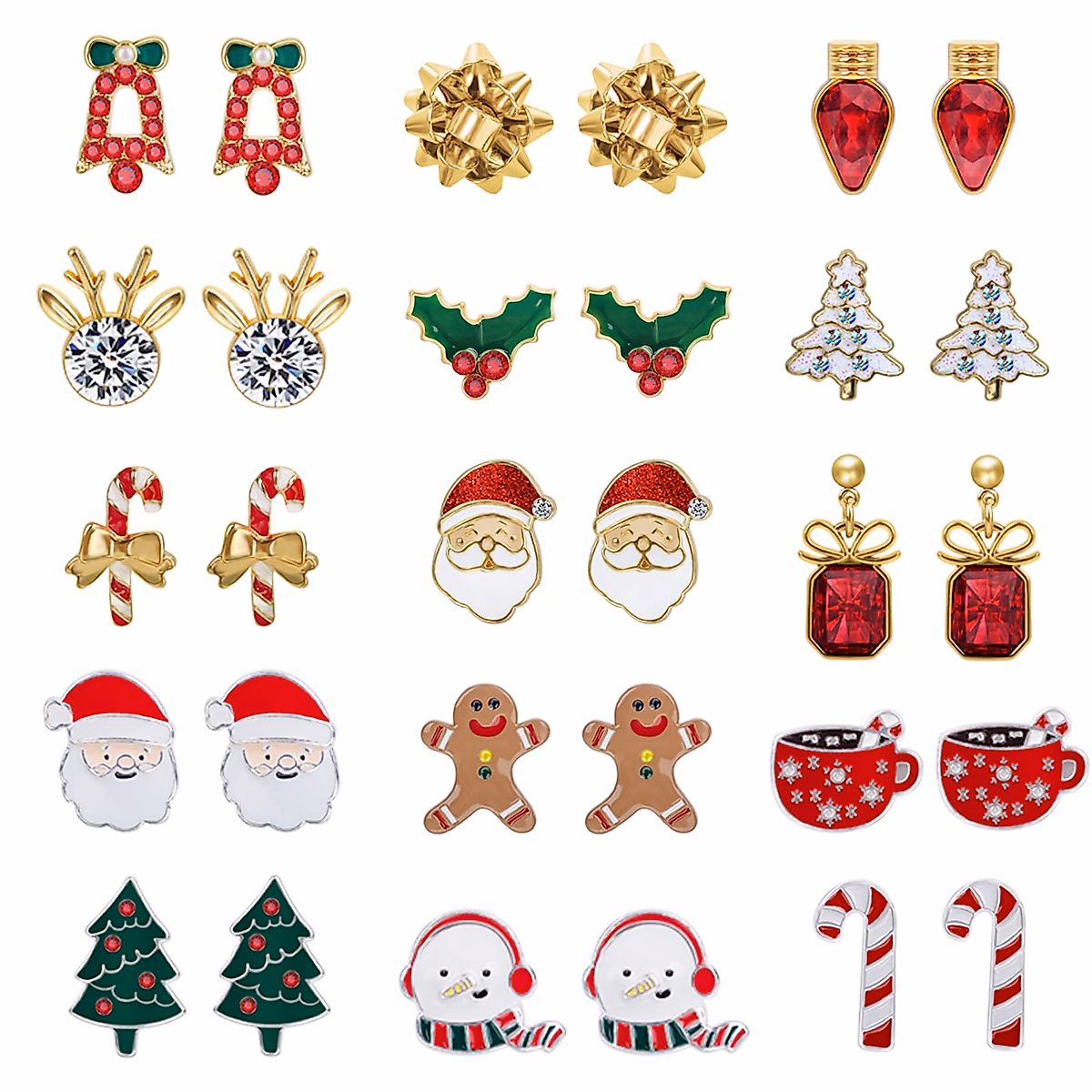 Christmas Earrings for Women,15 Pairs Hypoallergenic Santa Claus Candy Cane Snowman Christmas Tree Stud Holiday Earring Set Gift for Teen Girls Jewelry