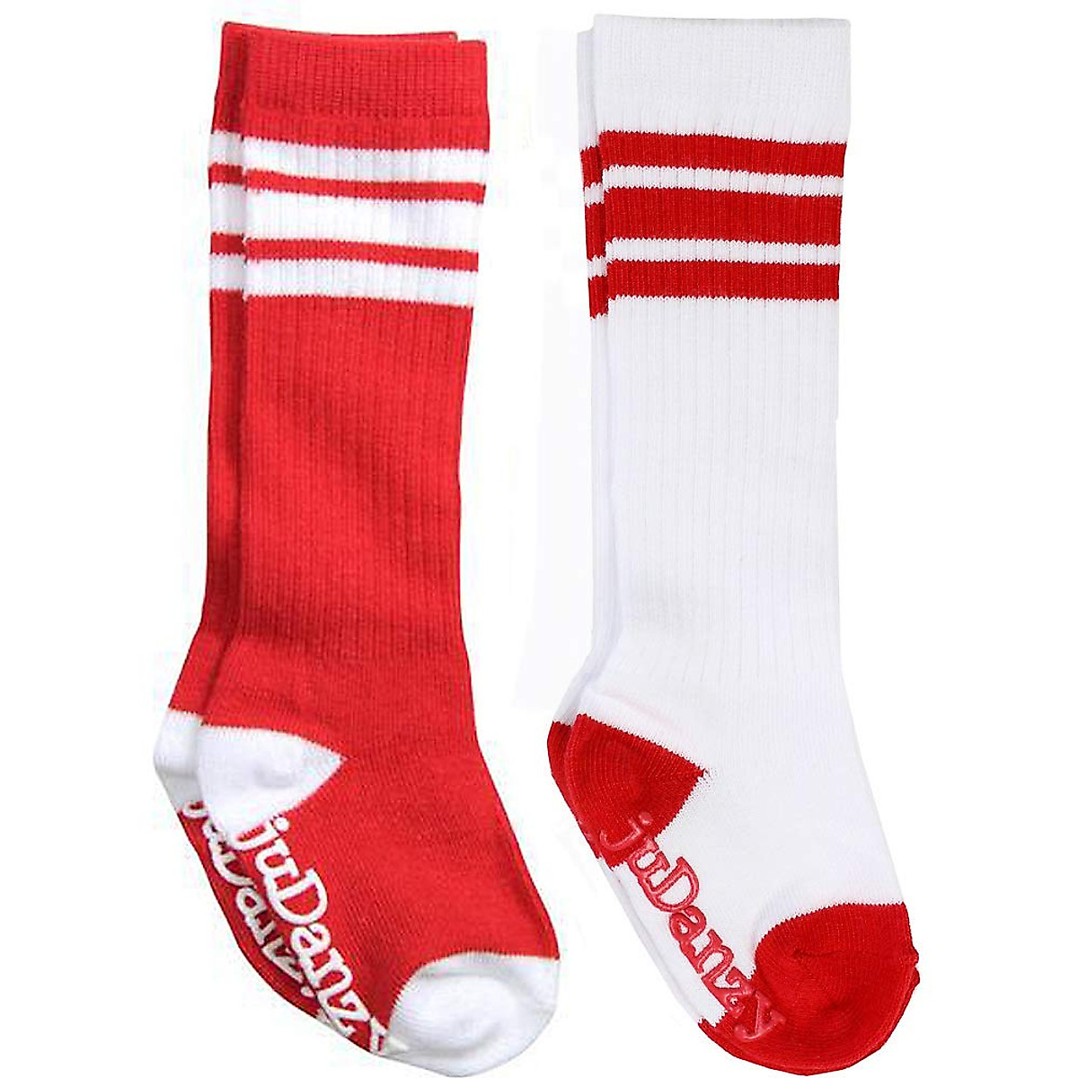 juDanzy knee high team color tube socks for toddler and youth boys and girls (2 Pack) (4-6 Years (Shoe Size 9C-1) With Anti-slip grip, Red)