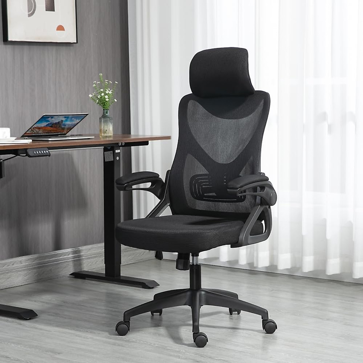 Ergonomic Office Desk Chair with Wheels High Back Computer Task Chair Home Mesh Swivel Desk Chair with Adjustable Back Height Flip up Arms Lumbar Support Headrest for Home/Study/Working