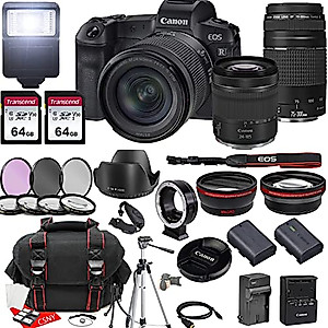 Canon EOS R Mirrorless Camera w/RF 24-105mm f/4-7.1 is STM Lens + EF 75-300mm f/4-5.6 III Lens + 2X 64GB Memory + Hood + Case + Filters + Tripod + More (35pc Bundle)