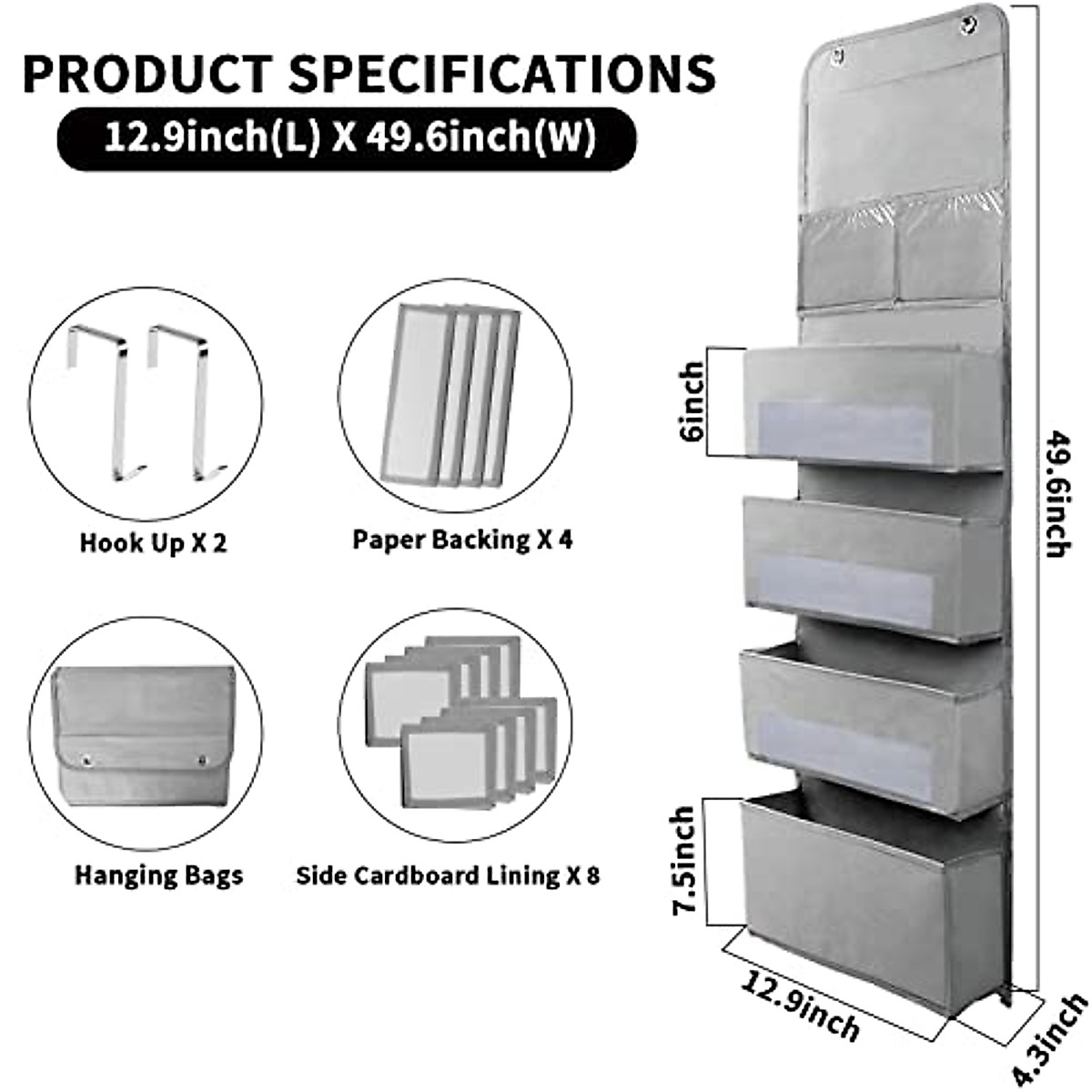 FGSAEOR 5-Shelf Over The Door Hanging Organizer, Closet Organizers and Wall Mount Storage with Clear PVC Window Pocket & 2 Hooks for Nursery Closet Storage, Pantry, Bedroom, Baby Diapers (1Pack-Grey)